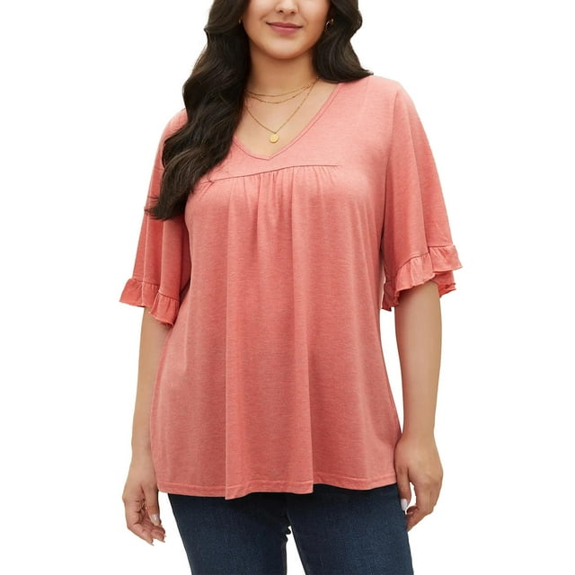 Chama Womens Plus Size Ruffle Sleeve V Neck Tops Casual Summer Loose ...