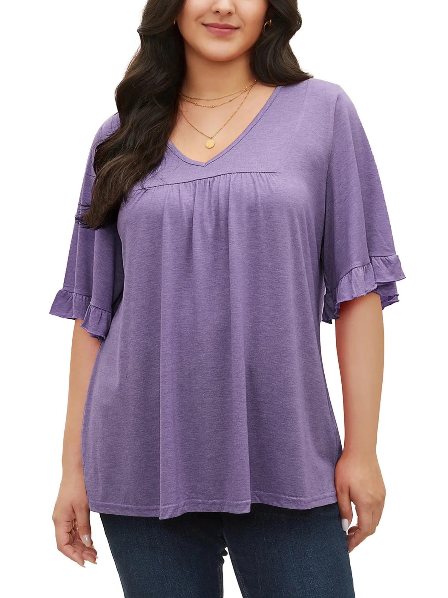 Chama Womens Plus Size Ruffle Sleeve V Neck Tops Casual Summer Loose ...