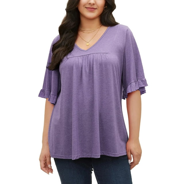 Chama Womens Plus Size Ruffle Sleeve V Neck Tops Casual Summer Loose ...