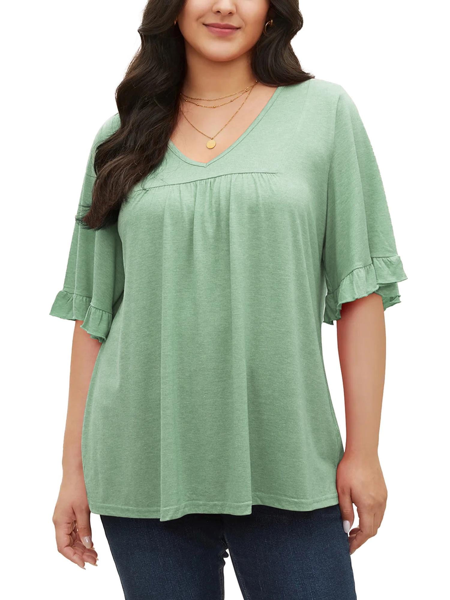 Chama Womens Plus Size Ruffle Sleeve V Neck Tops Casual Summer Loose ...