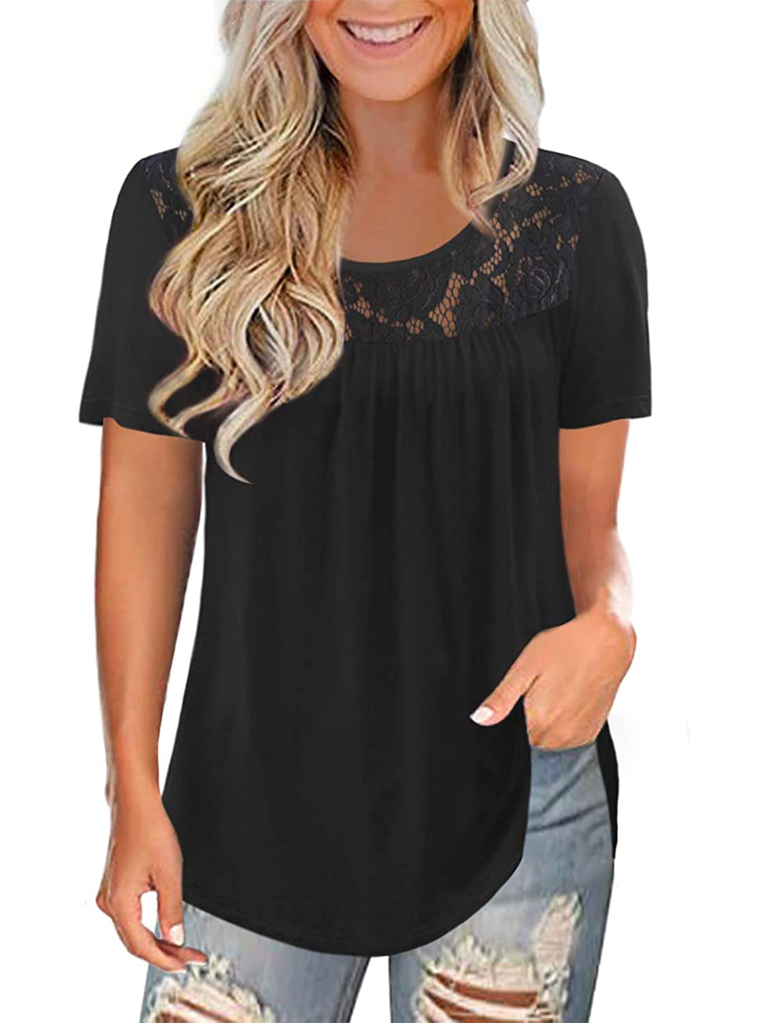 Chama Womens Plus Size Tops Lace Pleated Tunic Blouses Short Sleeve ...