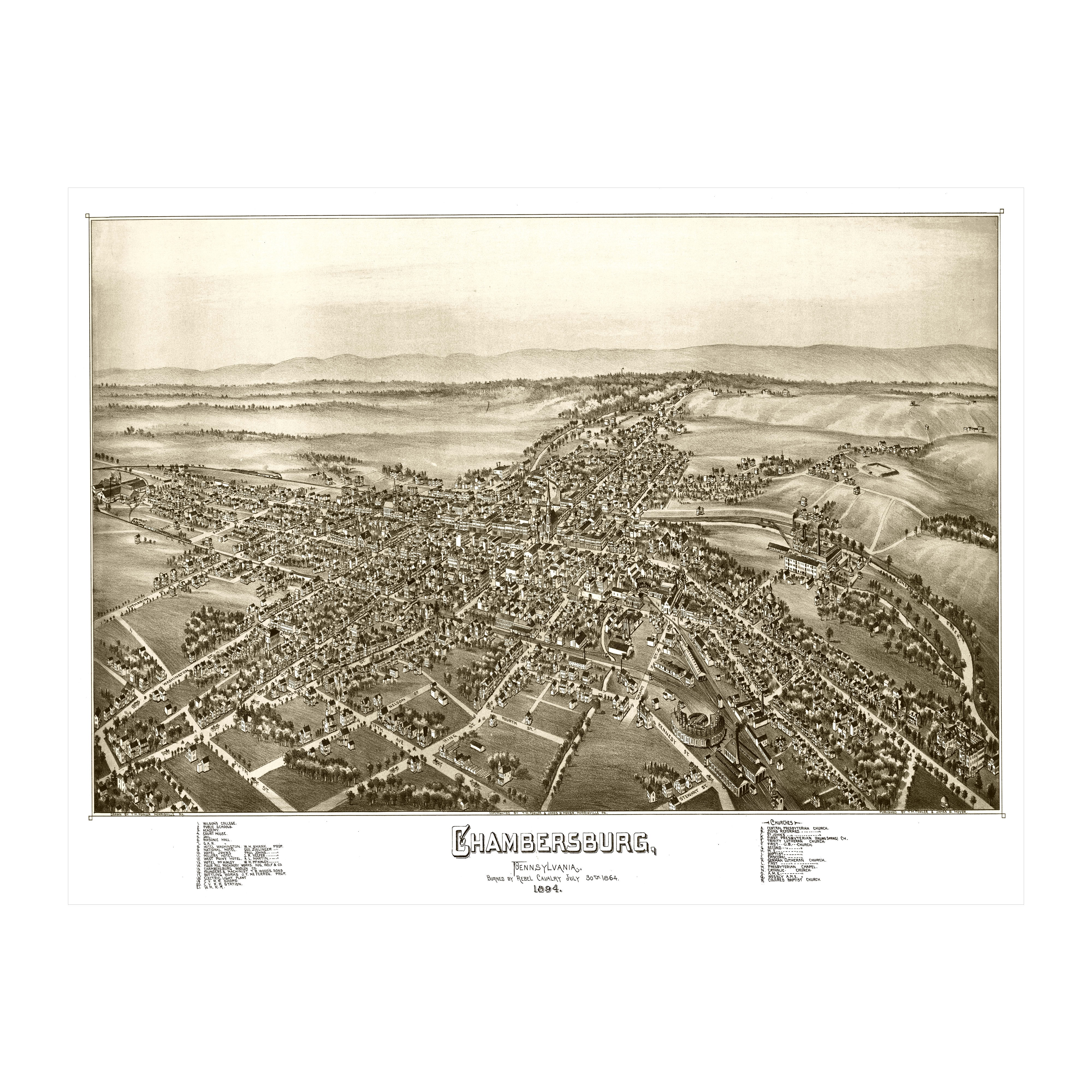 Chambersburg Art, 1885 Vintage Map of Chambersburg Pennsylvania, PA ...