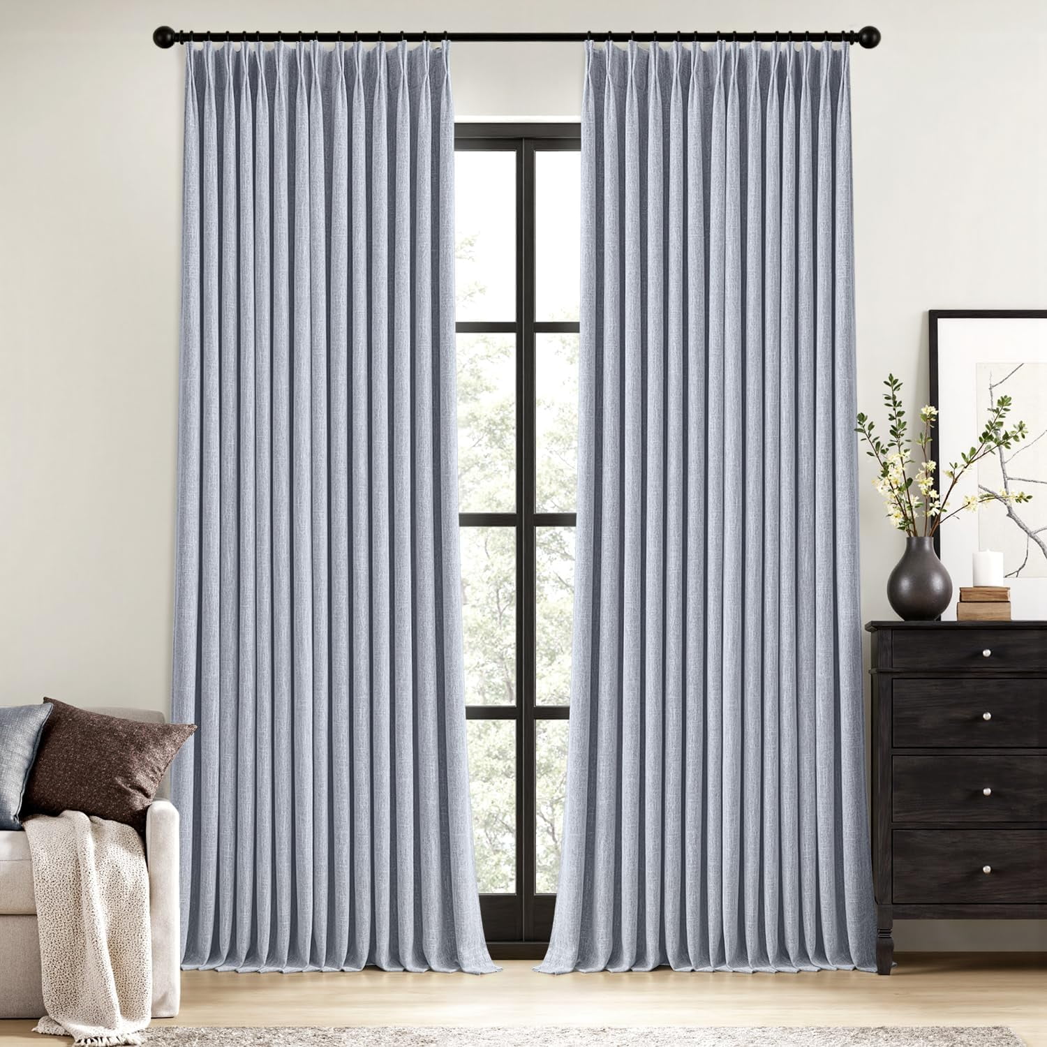 Chambray Blue Pinch Pleated 100% Blackout Linen Curtains 90 Inch Length ...