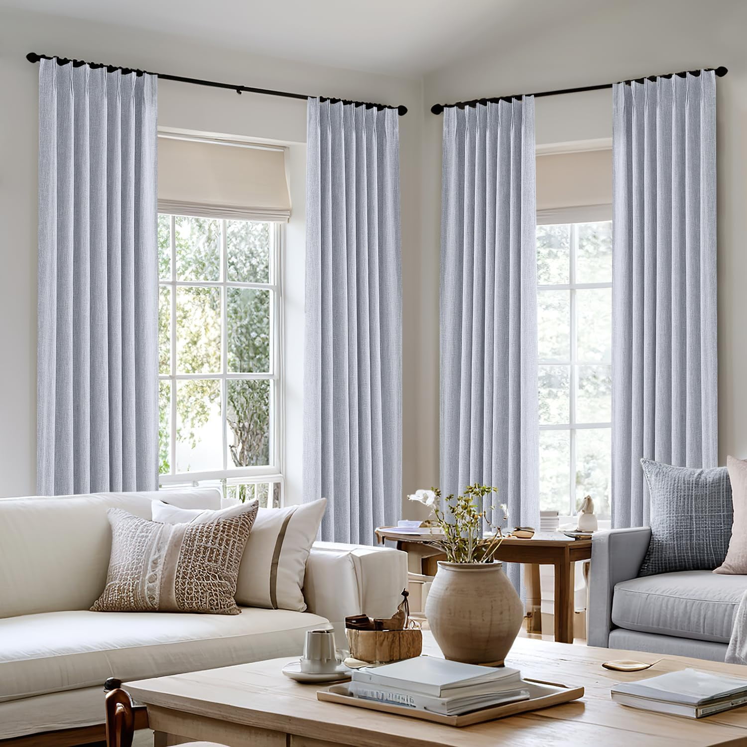 Chambray Blue Pinch Pleated 100% Blackout Linen Curtains 96 Inch Length ...