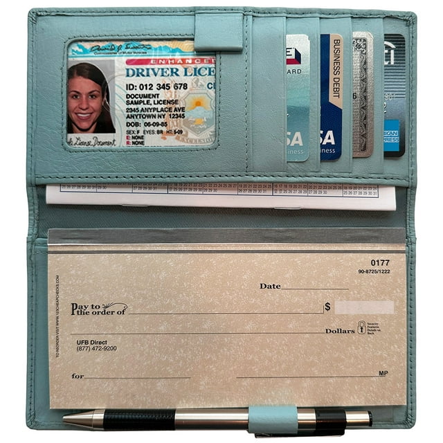 Chambray RFID Leather Checkbook Cover With Credit Card Slots and Pen ...