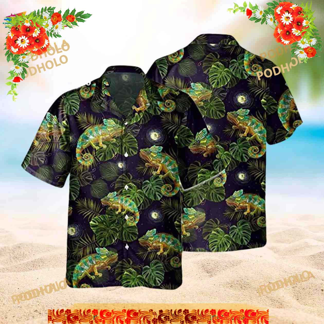 Chameleon And Palm Leaves Hawaiian Shirt, Colorful Tropical Jungle ...