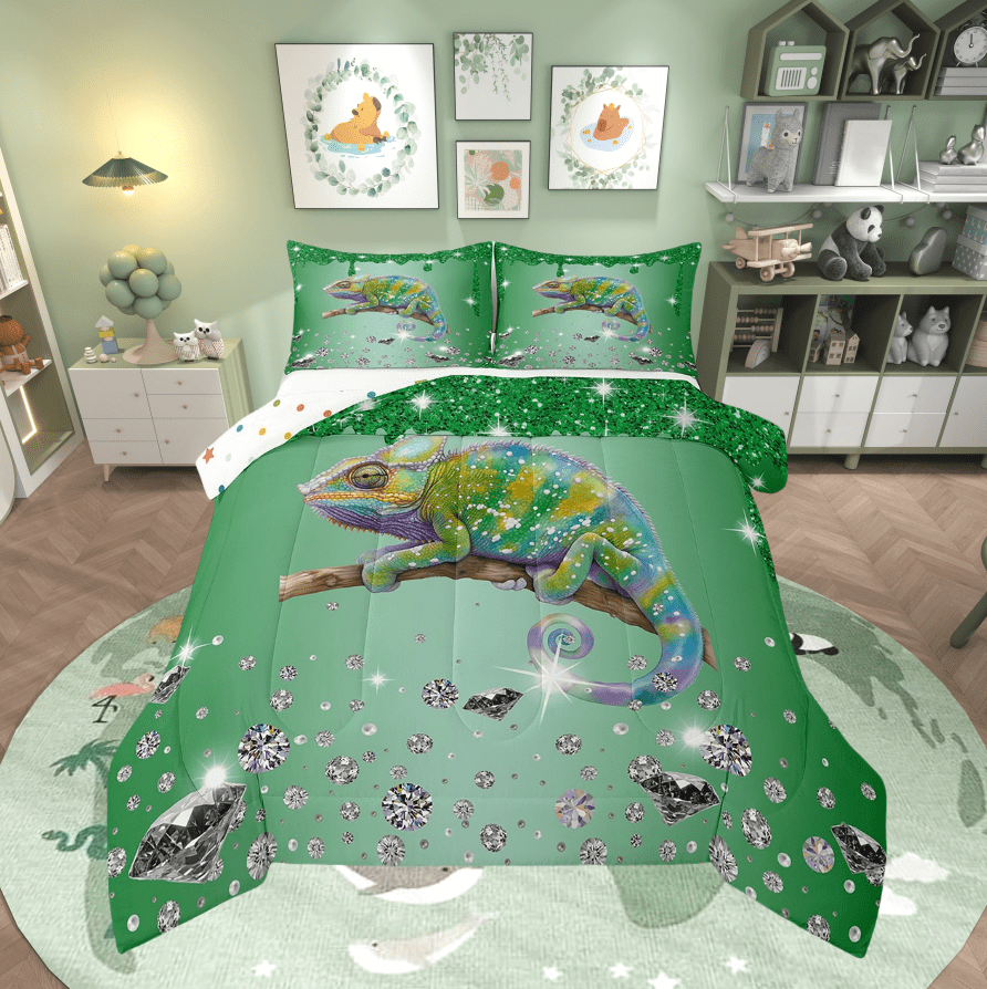 Chameleon Comforter Set Green Sequin Fluid Art Bed Set,Crystal Diamond ...