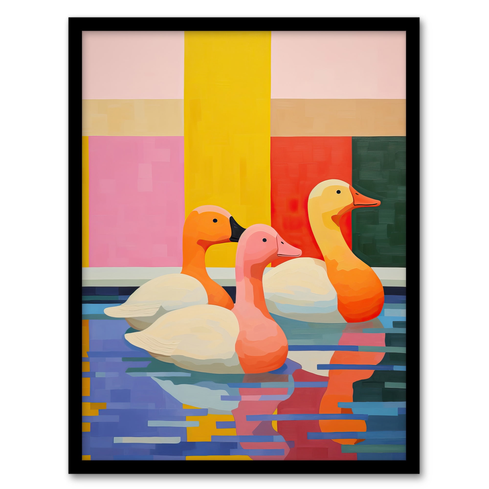 Chameleon Ducks Swimming Vibrant Geometric Pattern Oil Painting Artwork ...