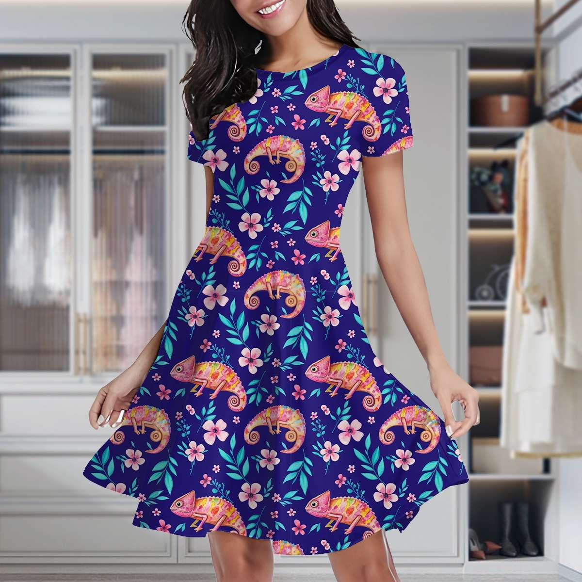 Chameleon Floral Pattern Women's Classic Swing Skater Dress Casual Work ...