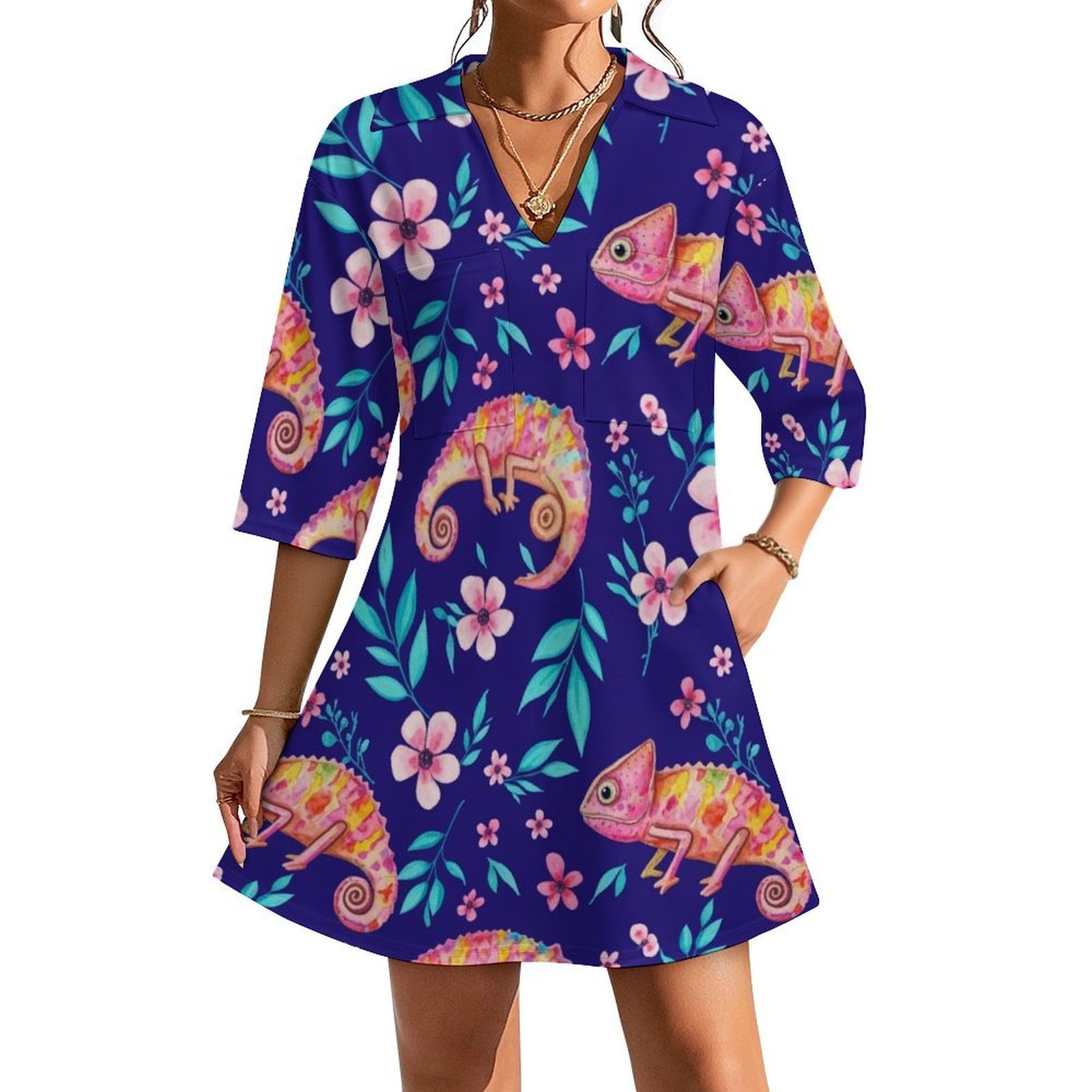 Chameleon Floral Pattern Womens Dress With Pockets Summer V Neck 3/4 ...
