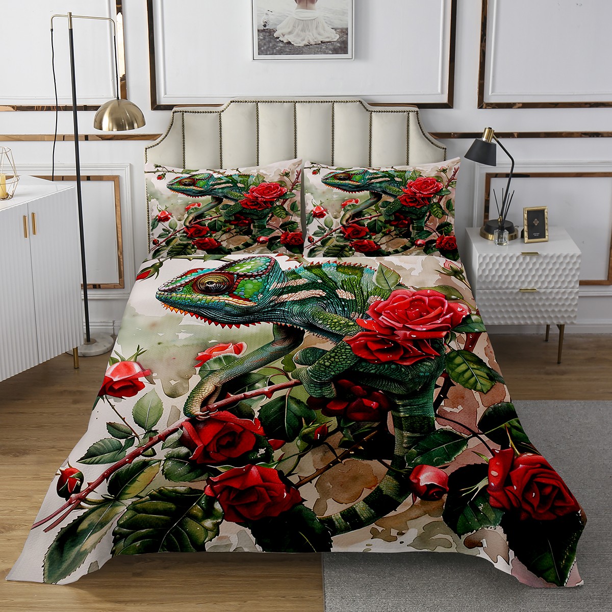 Chameleon Quilt Set Green Lizard Bedspread Set Twin,Red Rose Flowers ...
