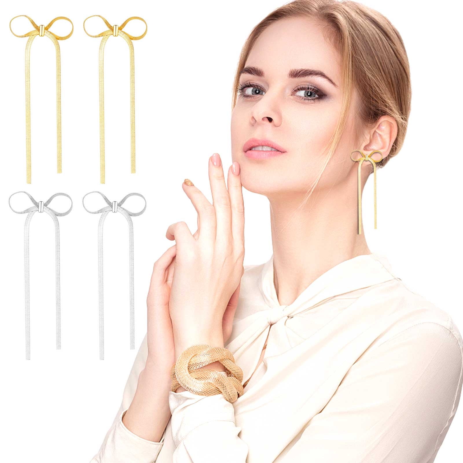 2PC Bow Earrings for Women Gold Silver Bow Dangle Drop Earrings Long Tassel Chain Bow Knot ...