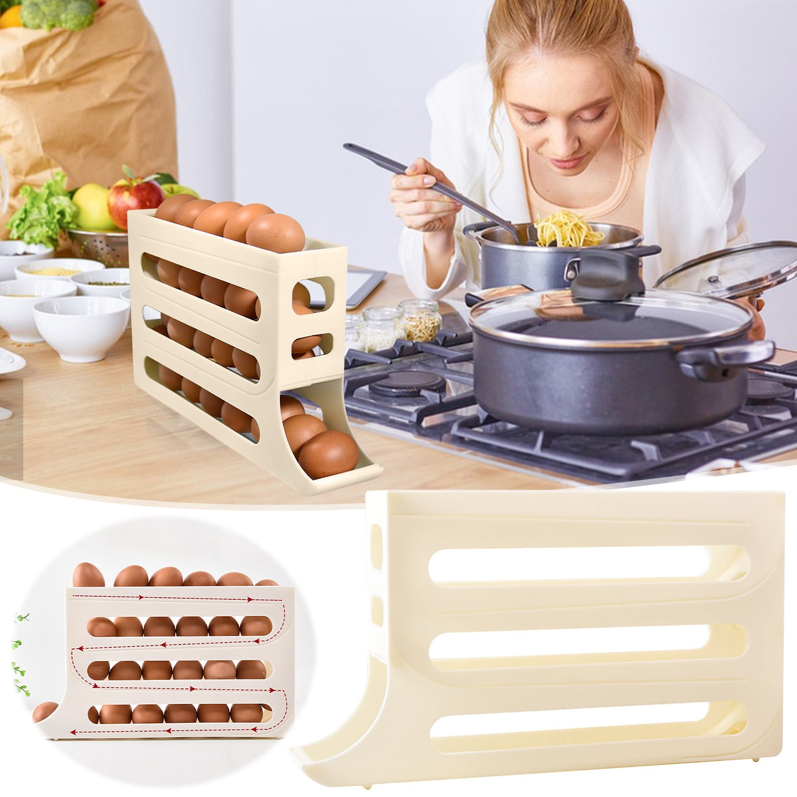 Chamoist 4 Tiers Egg Holder for Fridge,Auto Rolling Egg Organizer for ...