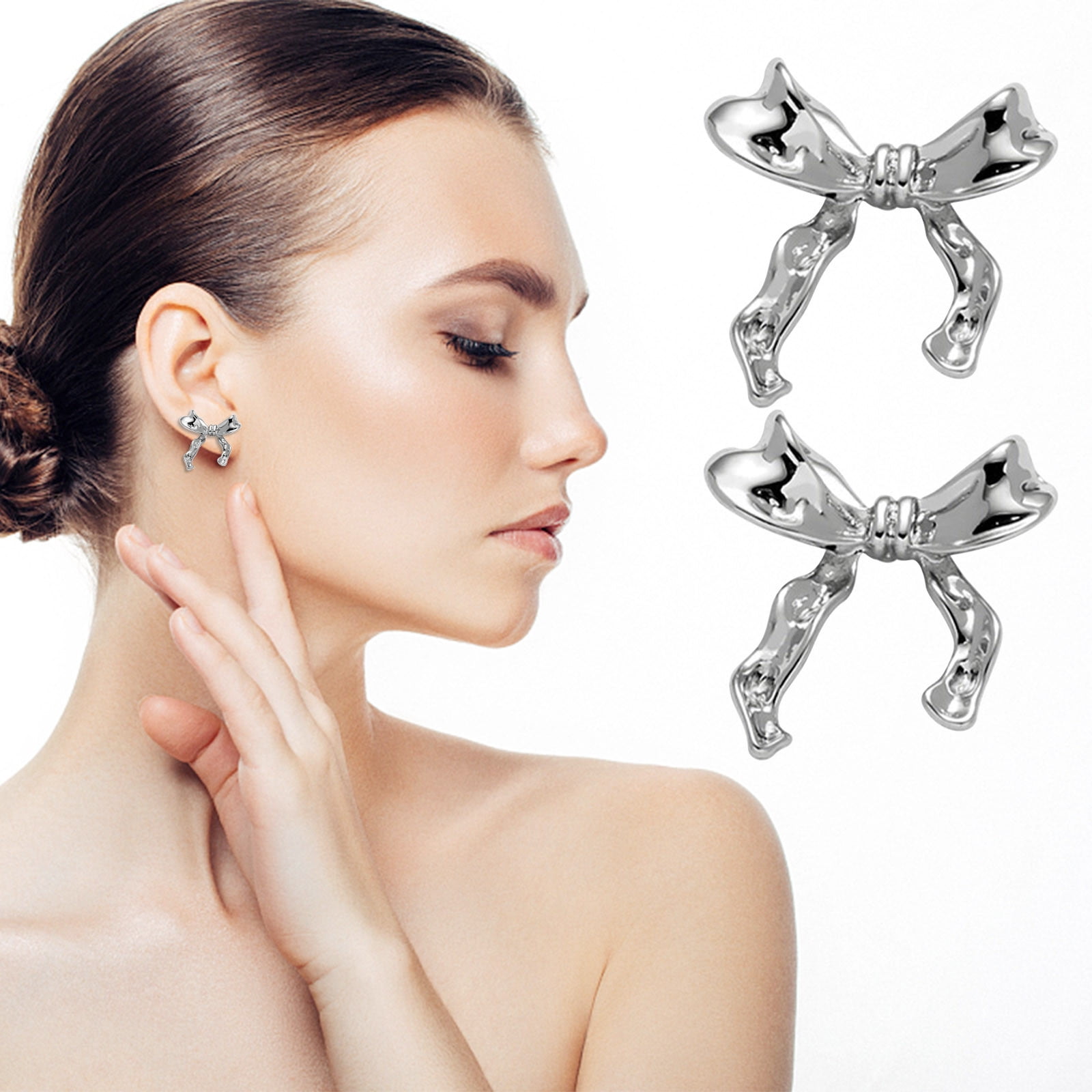 Gold Silver Bow Earrings Women Ribbon Stud Earrings Gift - Walmart.com