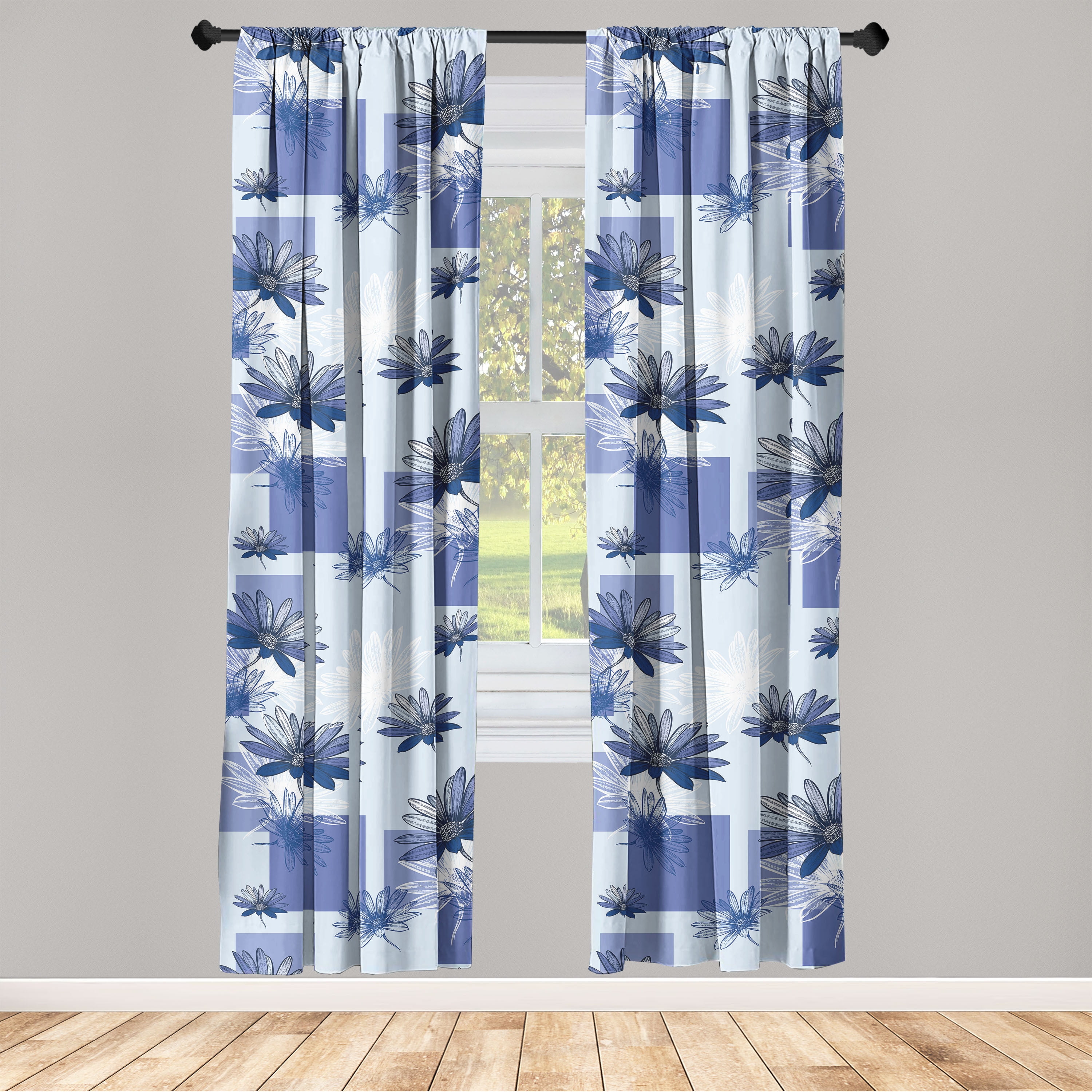 Chamomile Window Curtains, Modern Silhouettes of Flowers with Geometric ...