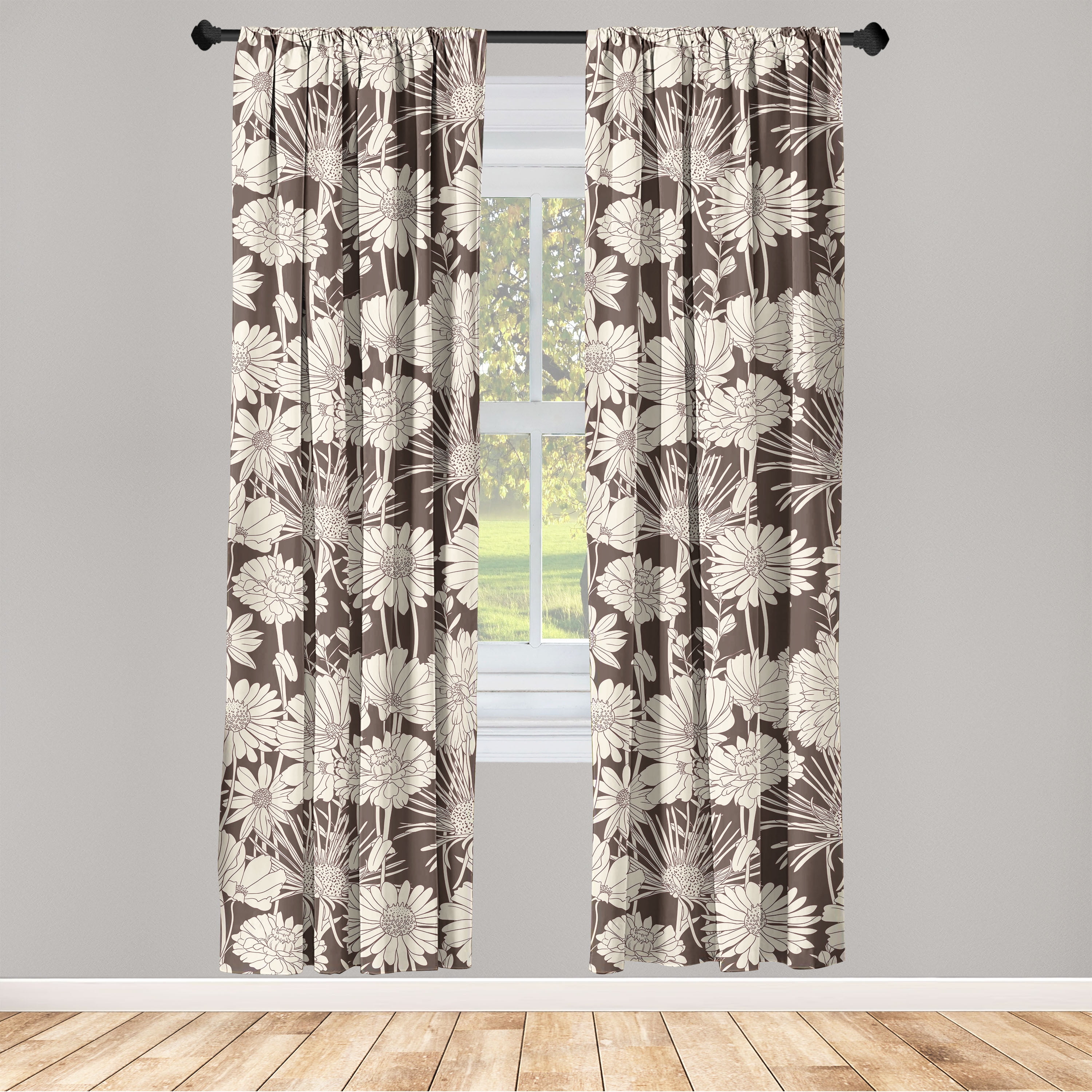 Chamomile Window Curtains, Vintage Design Monochrome Minimalist Daisy ...