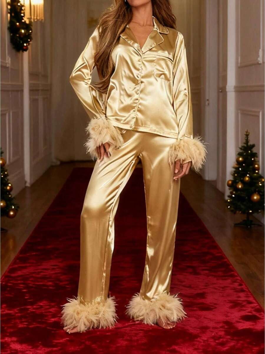 Champagne 2-Piece Satin Lounge Set With Feather Trim Long Sleeve Button ...
