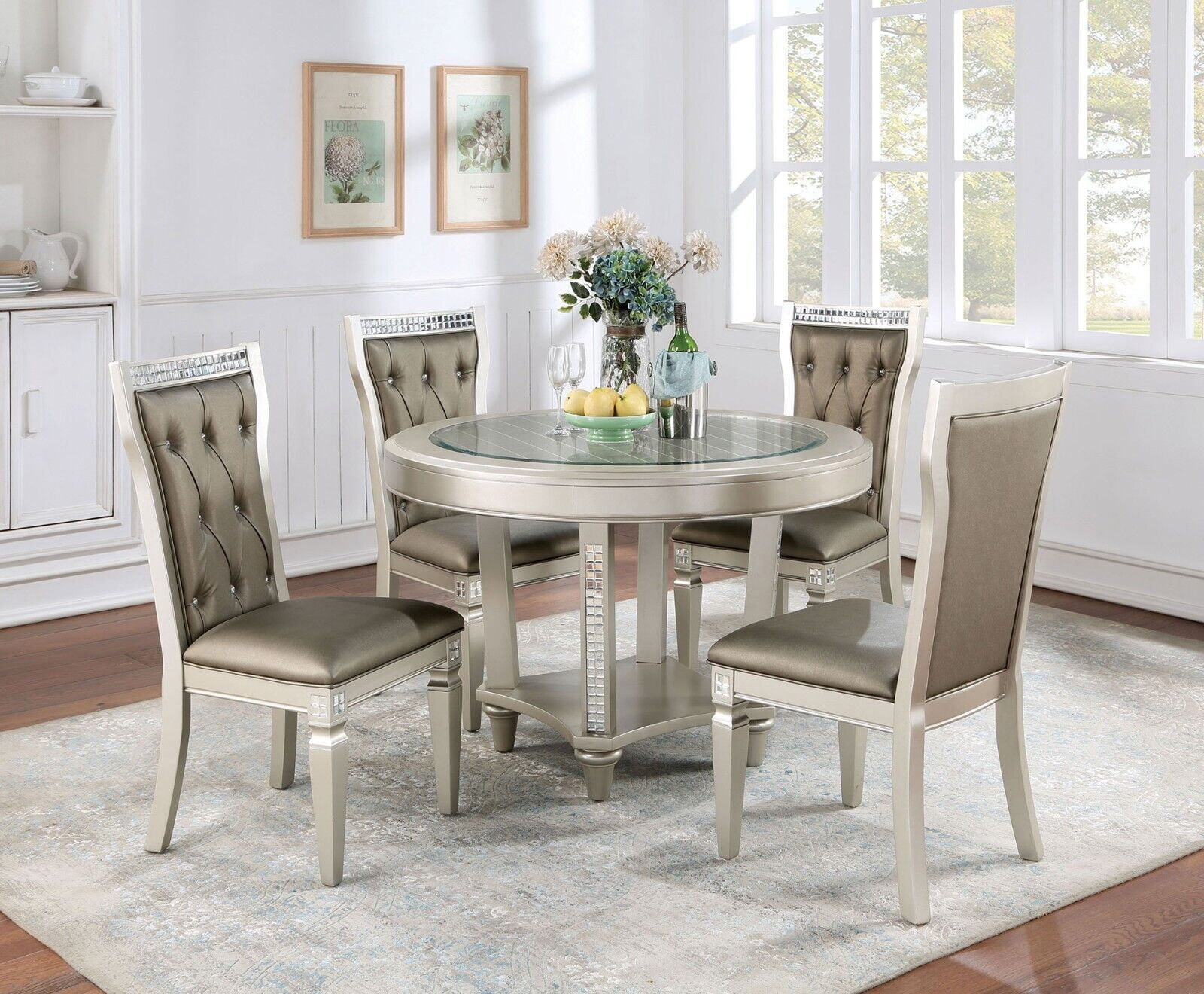 Champagne Antique Round Dining Table Glass Insert Top 4x Side Chairs ...