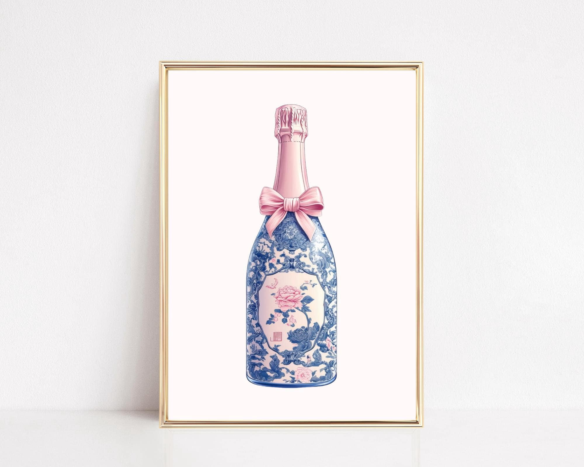 Champagne Art Print Coquette Chinoiserie Bar Cart Blue Floral Retro ...
