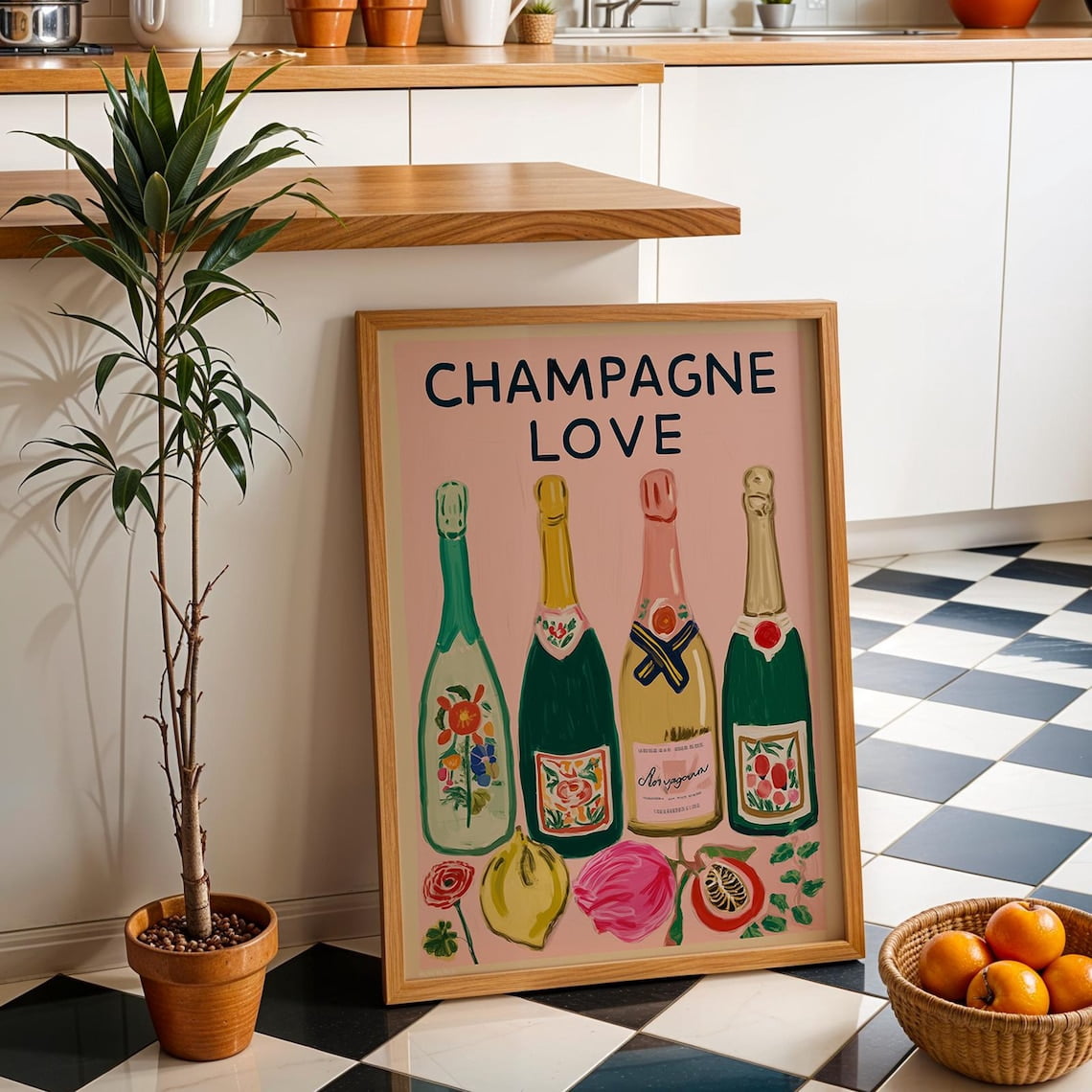 Champagne Bar Cart Colorful Cocktail Wall Art, Unframed Canvas Size ...