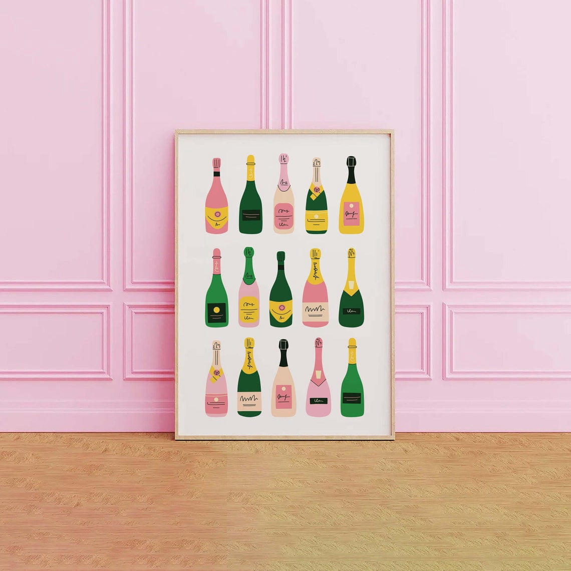 Champagne Bottles Poster Cute Pink Green Bar Cart Art Kitchen Wall ...