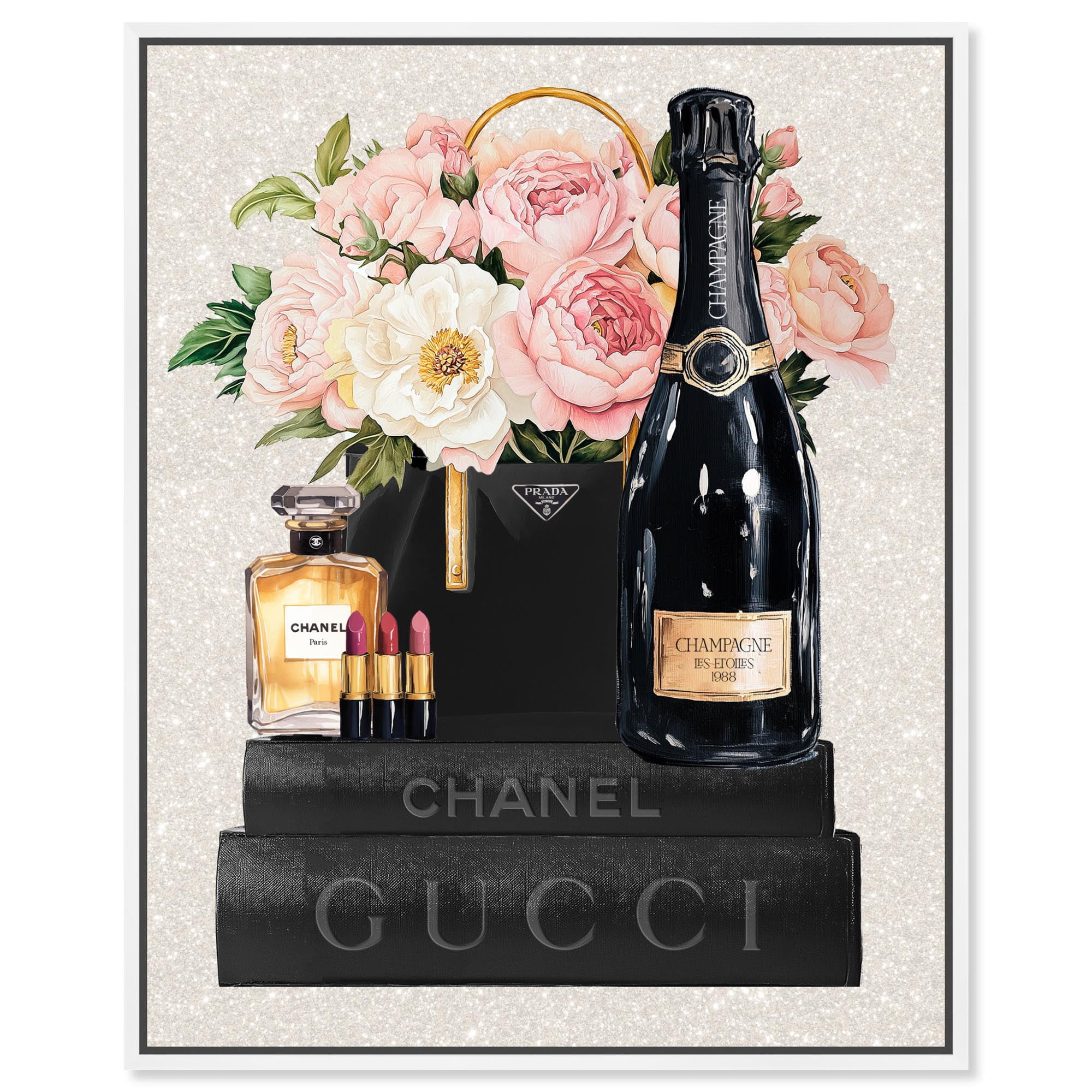 Champagne Campaign Canvas Fashion Wall Art by Art Remedy, White Frame ...