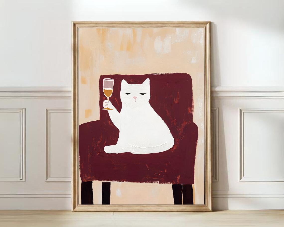 Champagne Cat Angry New Year Red Winter Burgundy Wall Art, Stretched ...