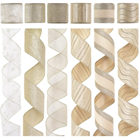 Champagne Christmas Ribbon Wired Gold Christmas Tree Ribbon 6 Rolls ...