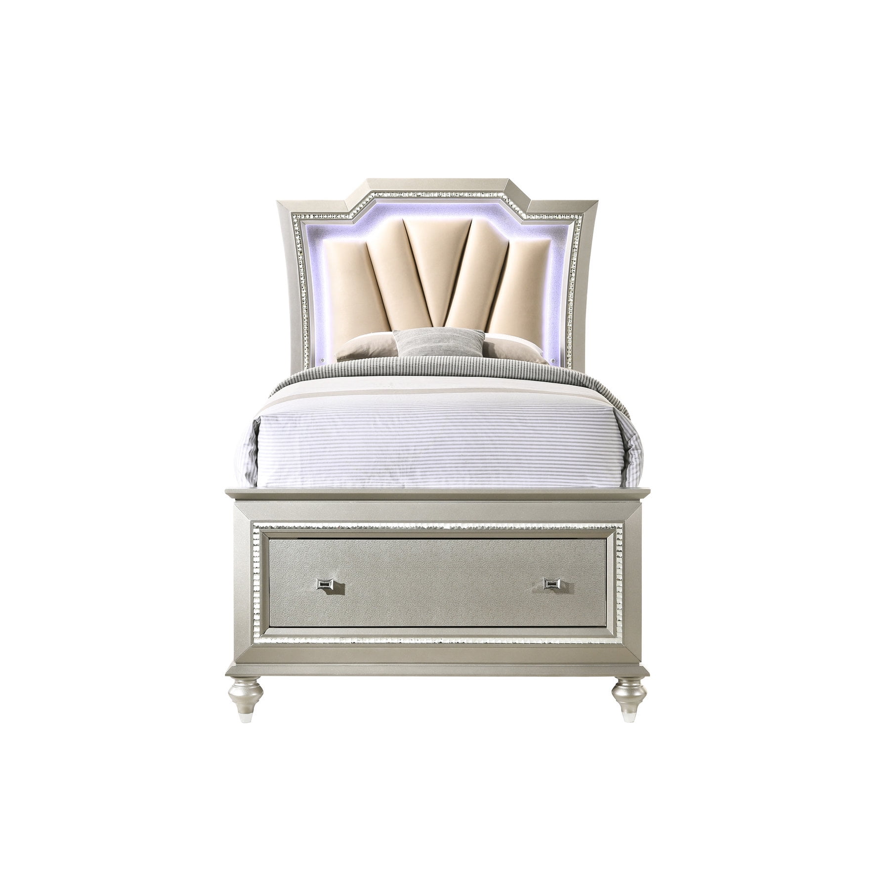 Champagne Finish, Arched Headboard, LED Bed with 2 Storage Drawers ...