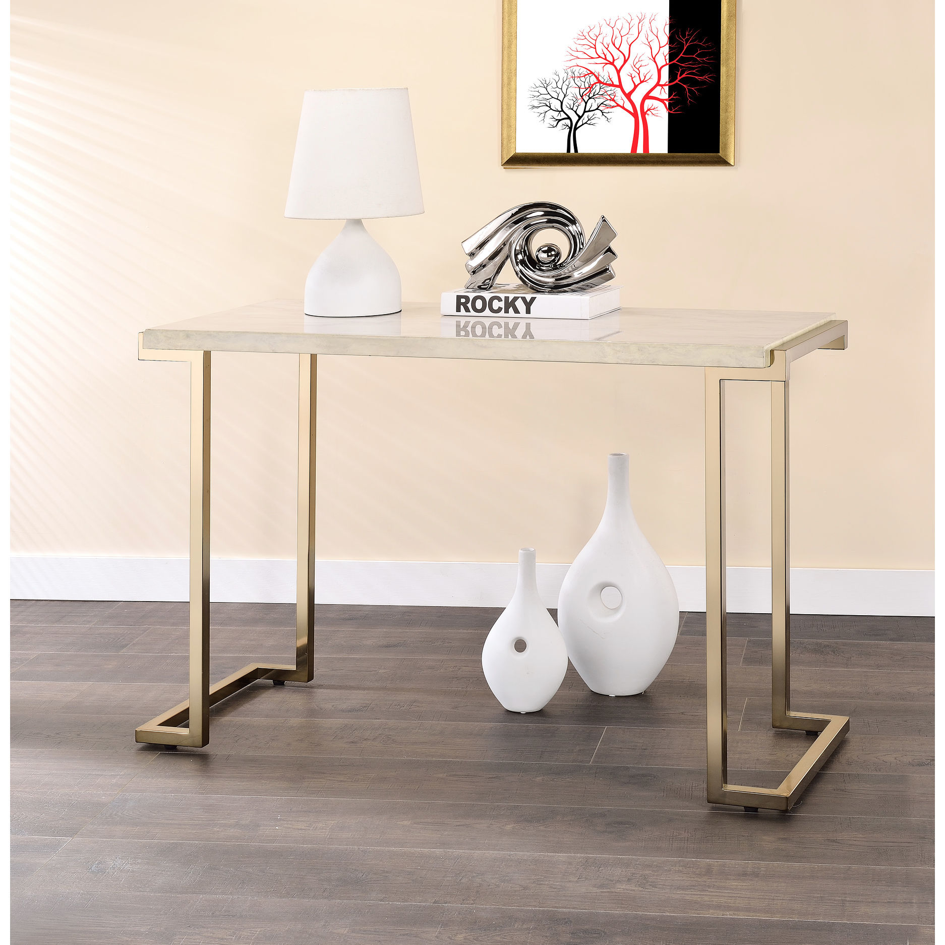 Champagne Finish Geometric Metal Base Faux Marble Table for Living Room ...