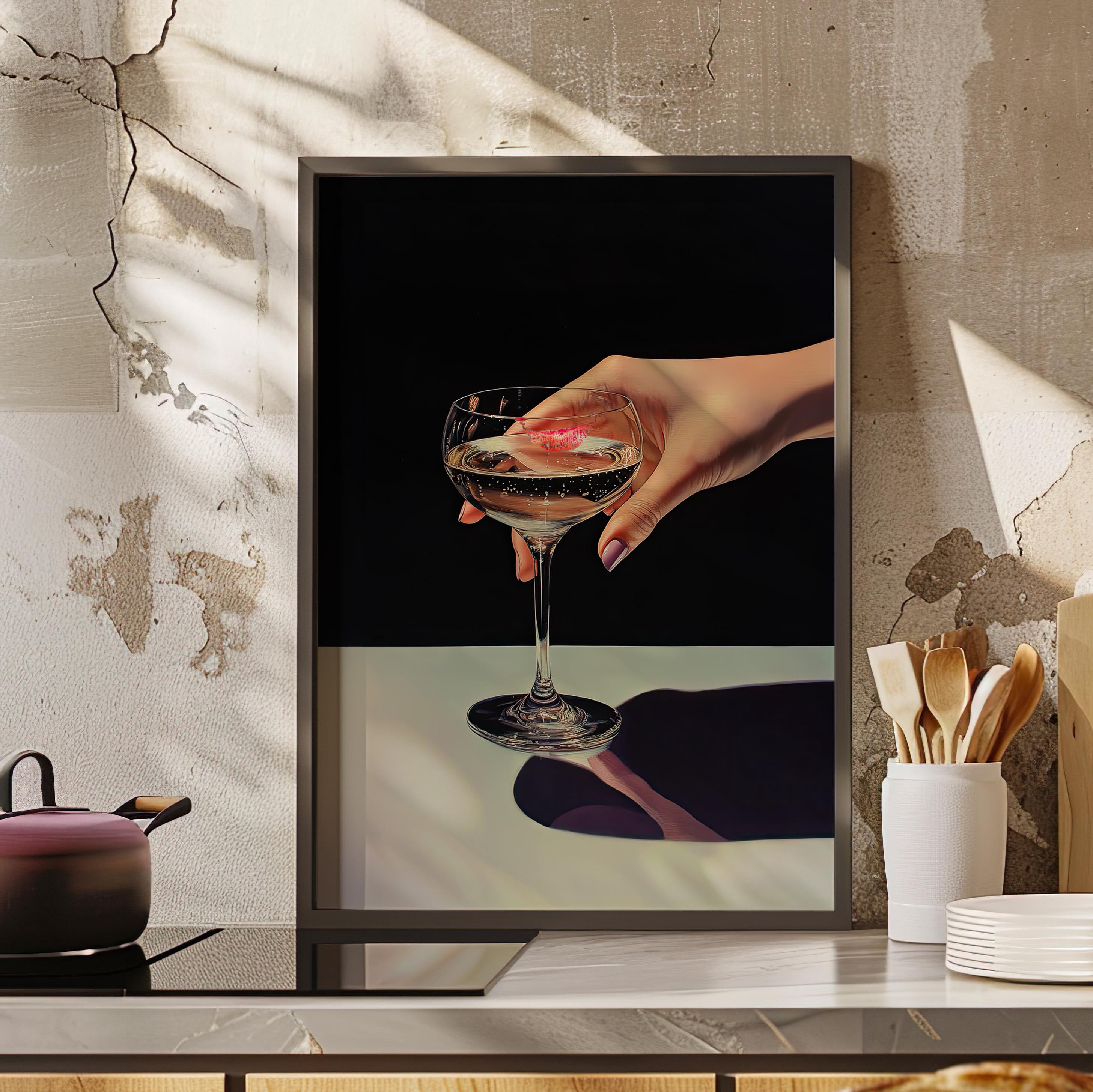 Champagne Glass With Lipstick Mark Hyperrealistic Oil Poster Black ...