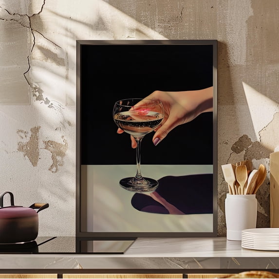 Champagne Glass With Lipstick Mark Hyperrealistic Oil Poster Black ...