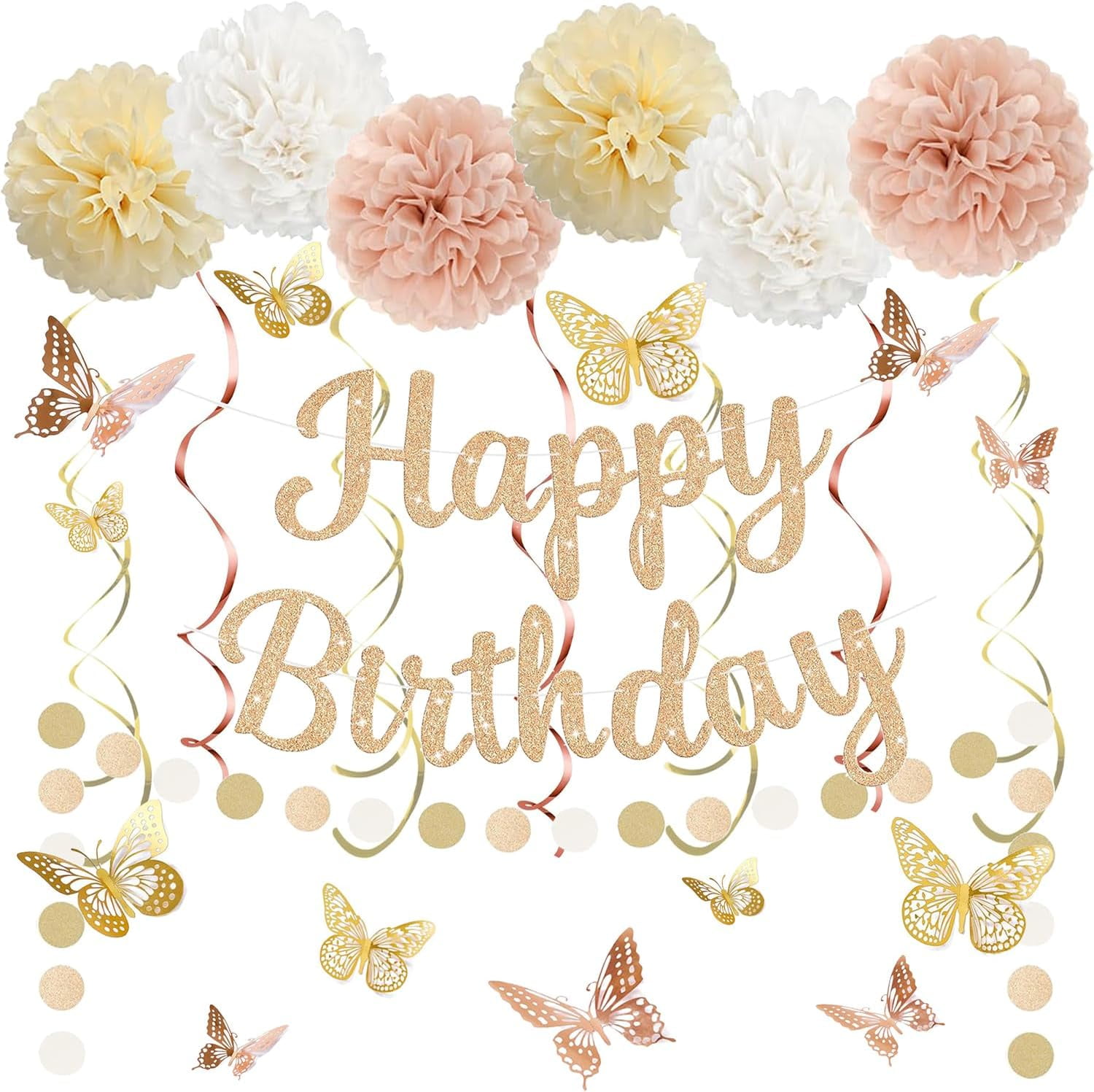 Champagne Gold Birthday Decorations for Women, Pre-Strung Happy ...