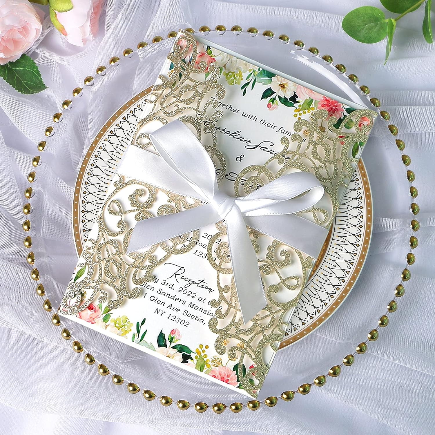 Champagne Gold Glitter Laser Cut Wedding Invitations - Pack of 25 with ...