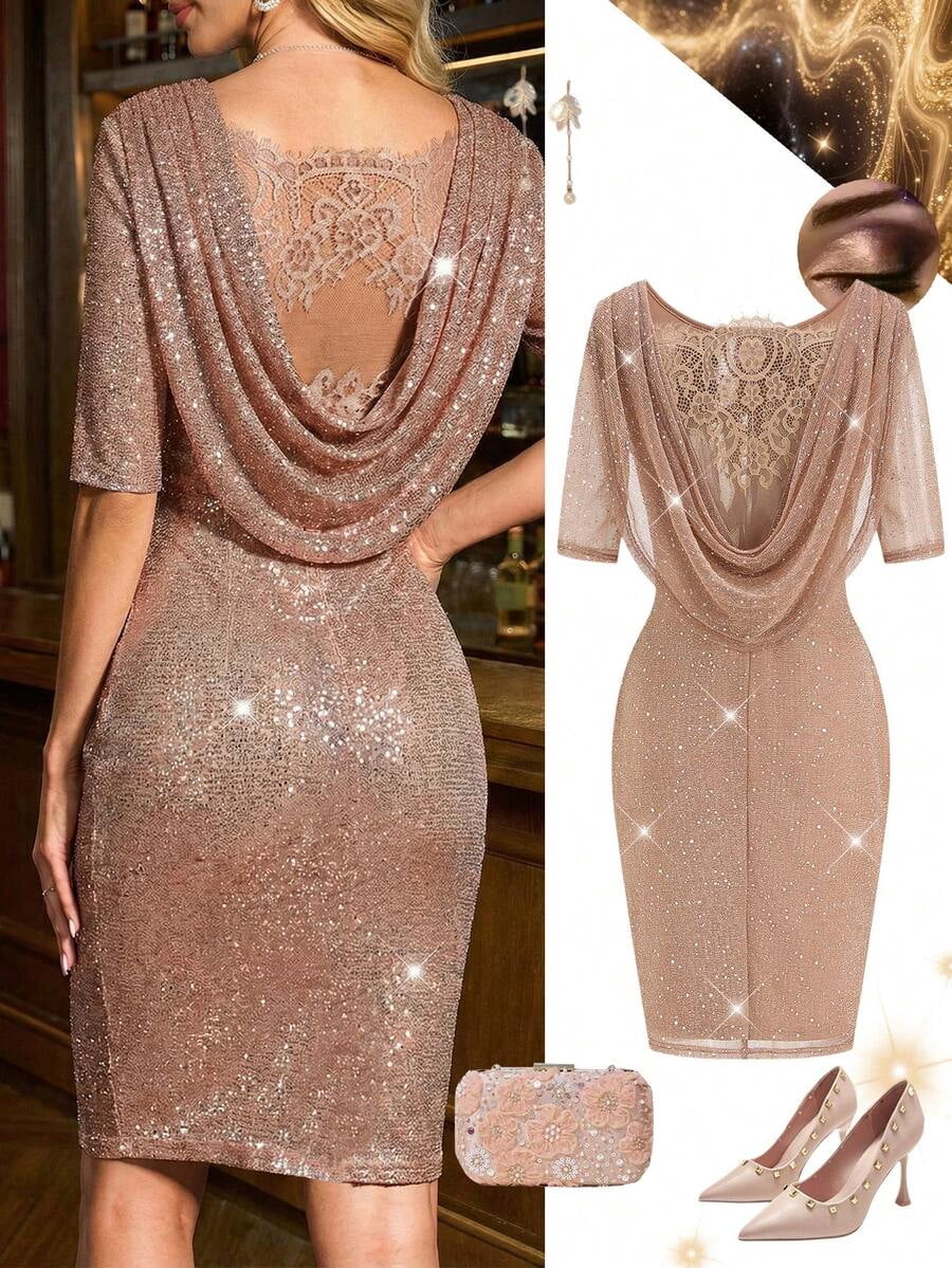 Champagne Metallic Lurex Cowl Back Lace Bodycon Dress For Party Evening ...