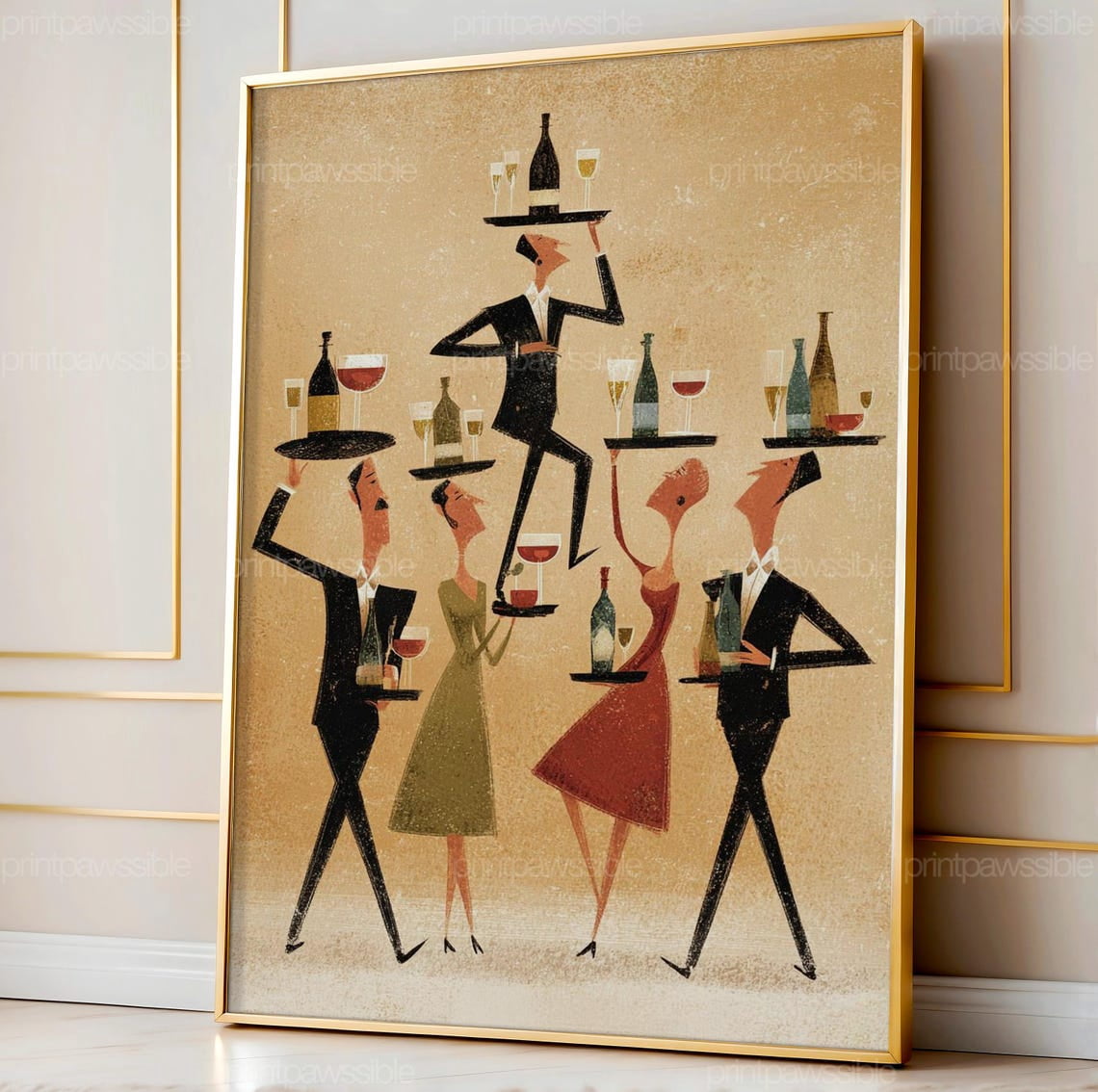 Champagne Party Waiters Art Retro Wine Bar Print Whimsical Celebration ...