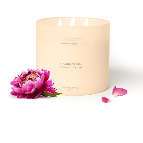 Champagne & Peony - rge 3-Wick Scented Candle for | 15oz, 50-Hour | Soy ...