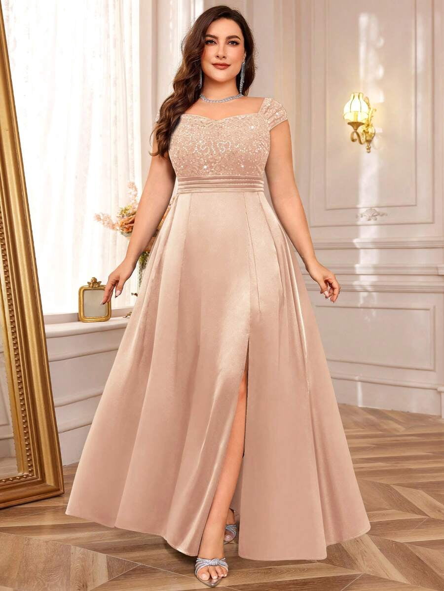 Champagne Plus Size Sleeveless Sequin Lace Bodice Satin Split Thigh ...