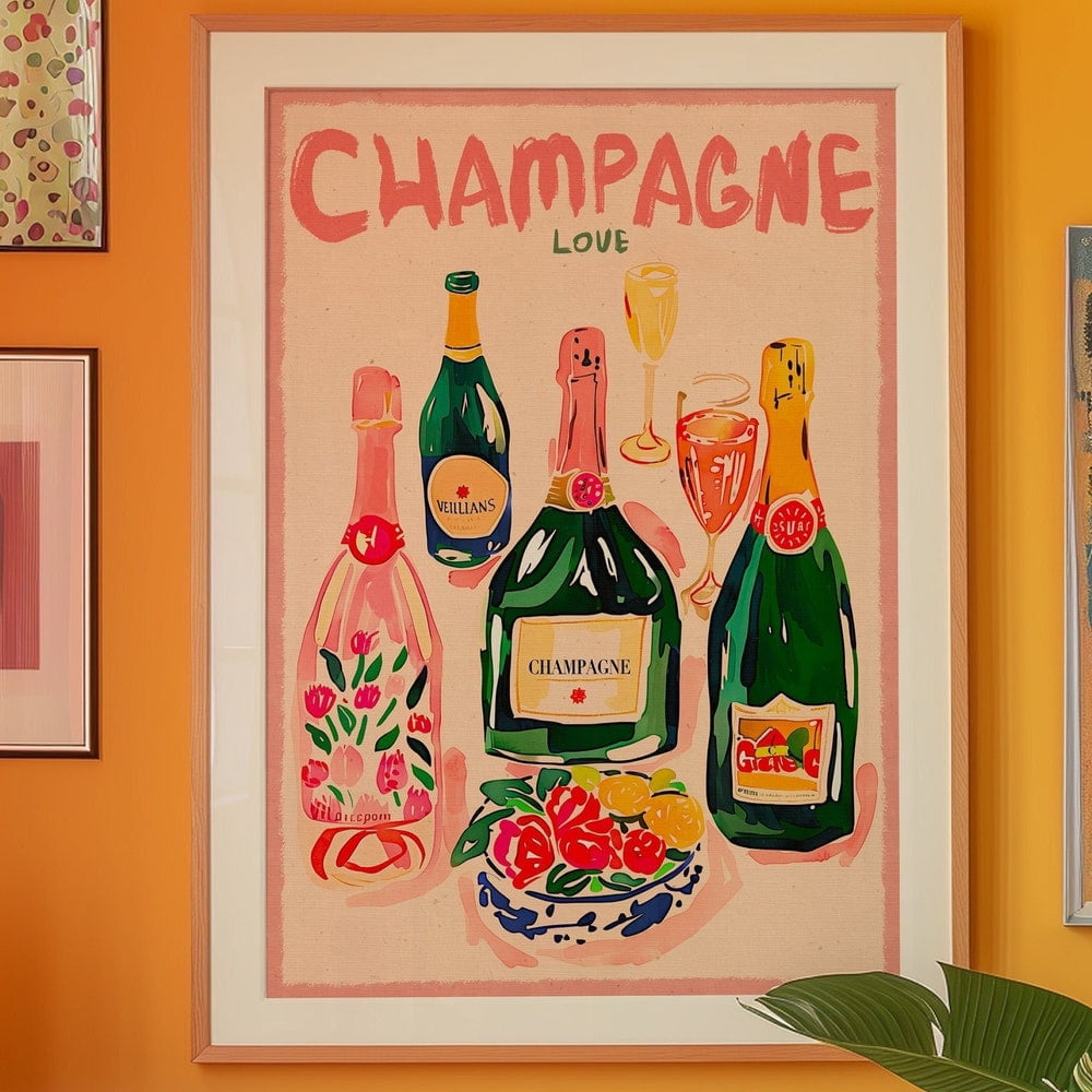Champagne Poster, Bar Print, Red Wall Art, Kitchen Wall Decor, Home ...