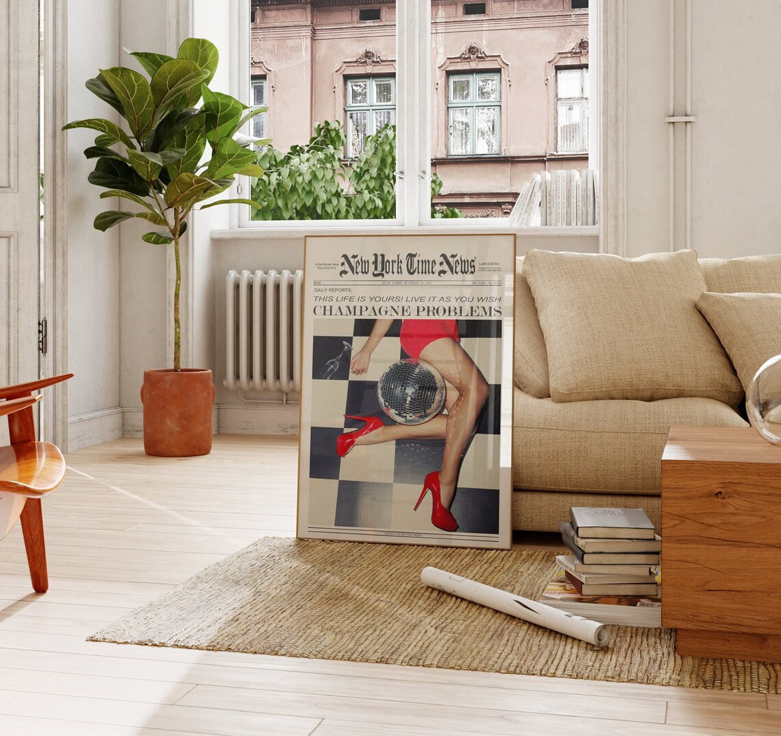 Champagne Problems Newspaper Wall Art, Dorm Room Decor, Unframed Paper ...