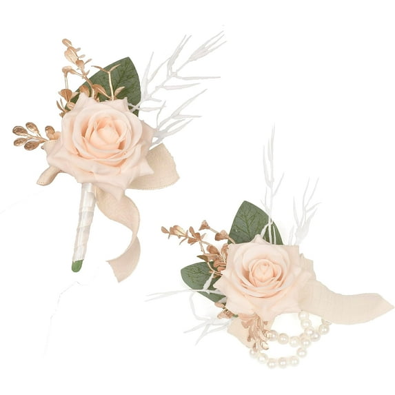 Champagne Rose Wrist Corsage Wristlet Band Bracelet and Men Boutonniere ...