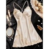Champagne Satin Lace Trim Sleep Dress, V-Neck Criss-Cross Open Back ...