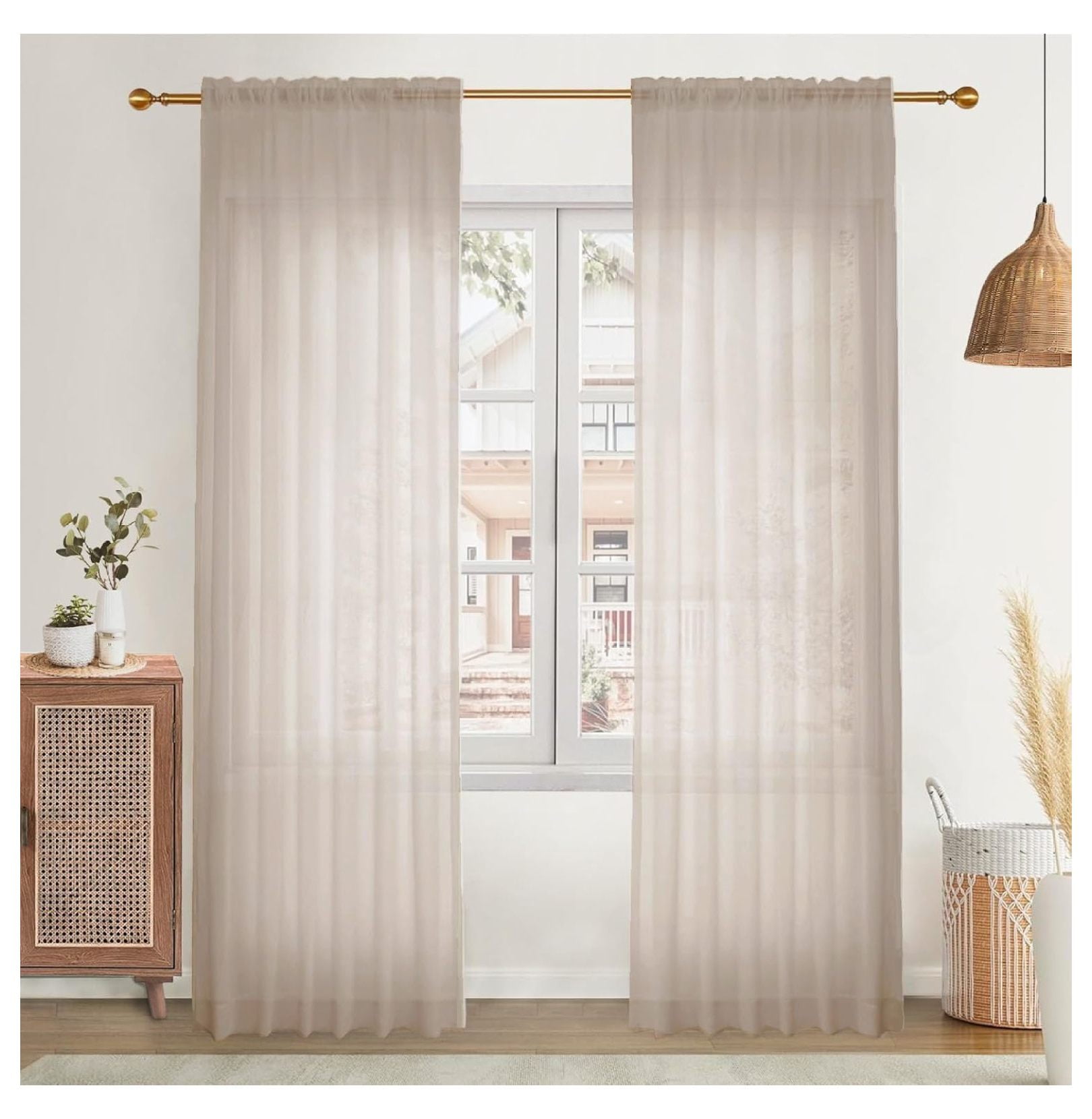 Champagne Sheer Curtain 96 inch Length Light Filtering Privacy Semi Transparent Window Drapery ...