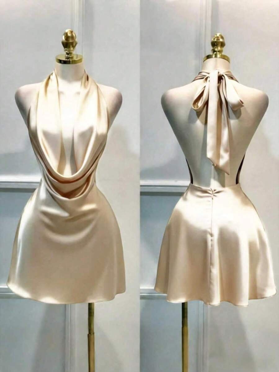 Champagne Solid Plunging Cowl Neck Halter Tie-Back Mini Dress Summer ...