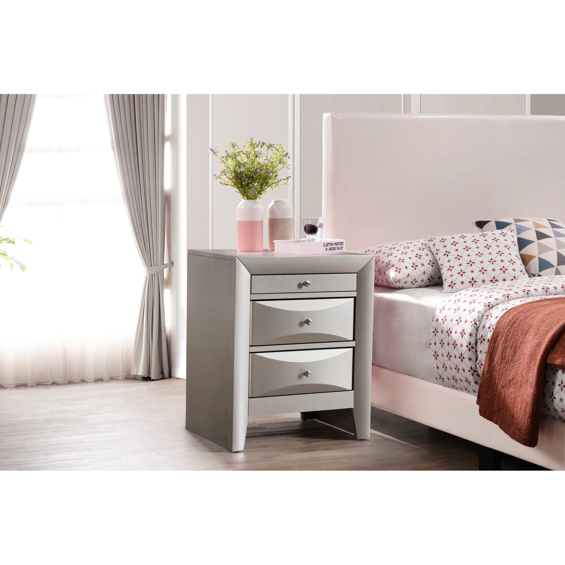 Champagne - Toned Nightstand with Modern Design | 3 Drawers, Curved ...