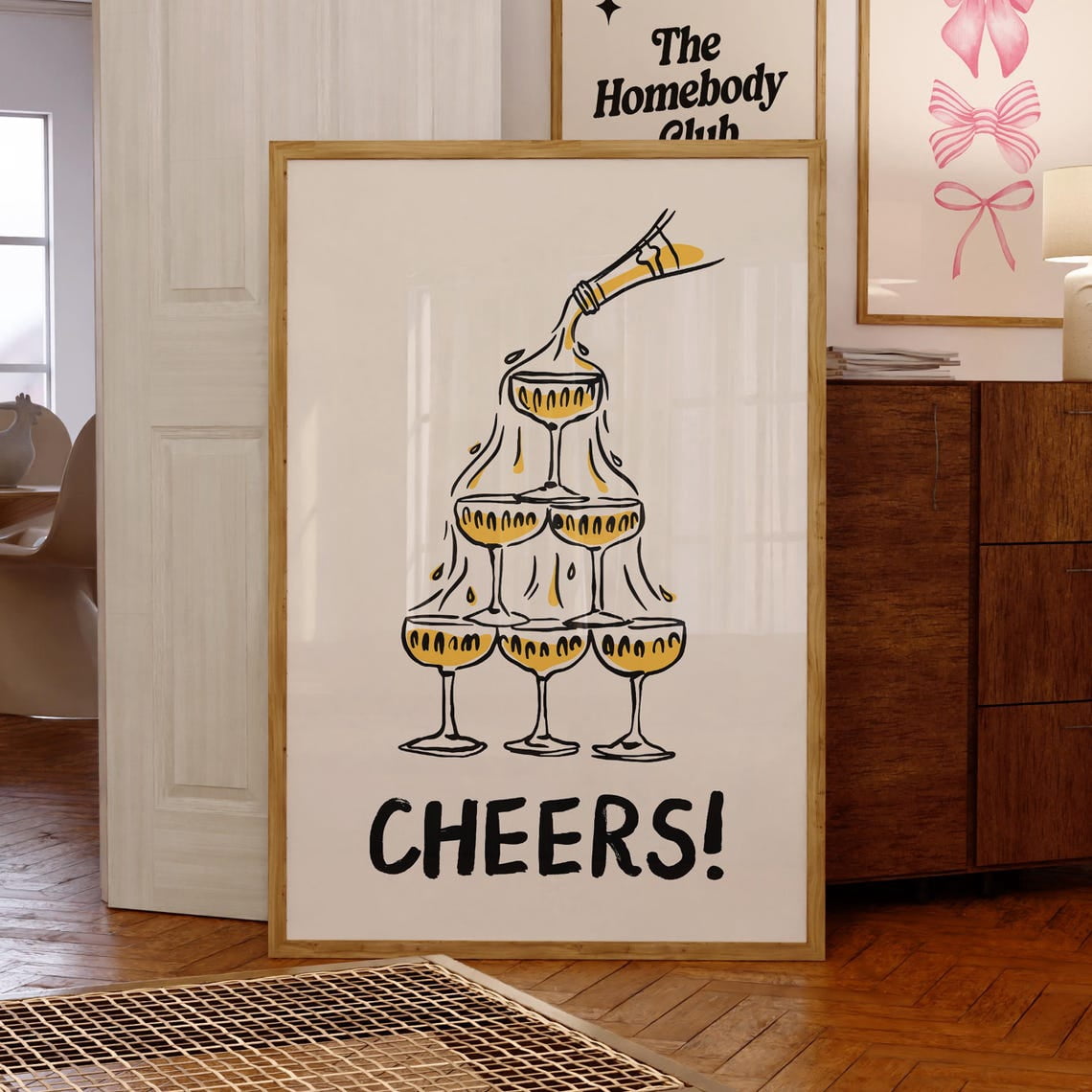 Champagne Tower Cheers Bar Cart Wall Art, Unframed Paper Print Size ...
