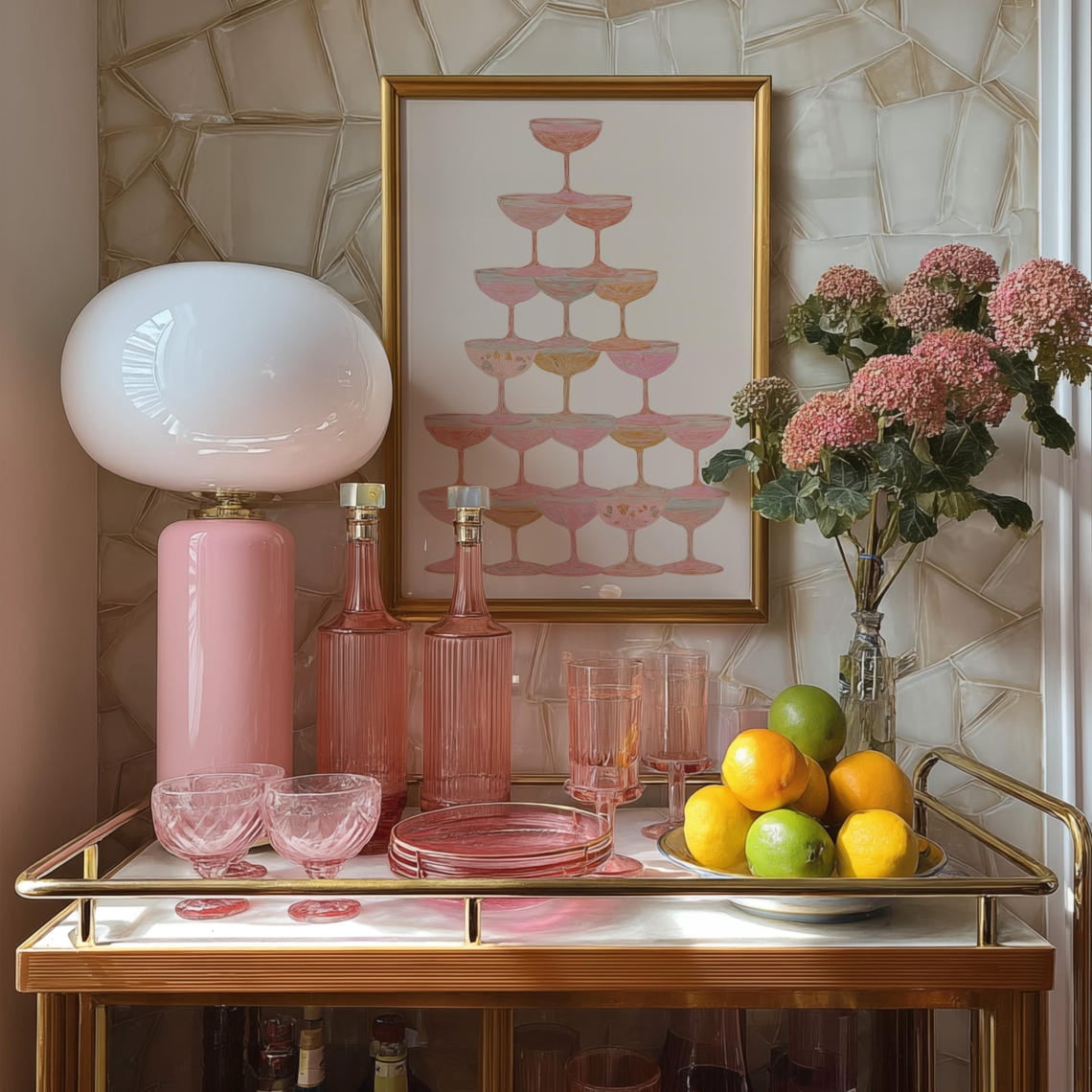 Champagne Tower Pink Cocktail Preppy Bar Cart Art, Unframed Poster ...