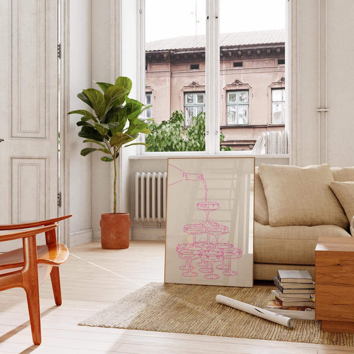 Champagne Tower Pink Print, Cute Hand Drawn Cocktail Wall Art, Bart ...