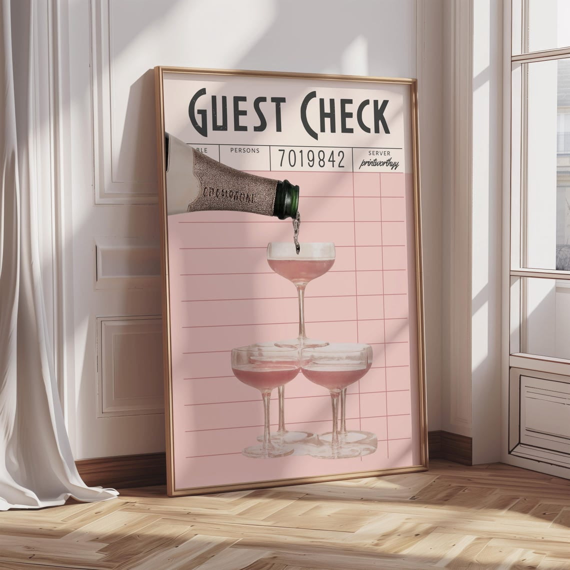 Champagne Tower Wall Art, Pink Guest Check Print, Retro Cocktail Party ...