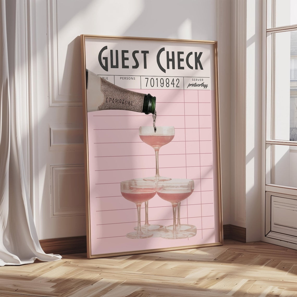 Champagne Tower Wall Art, Pink Guest Check Print, Retro Cocktail Party ...